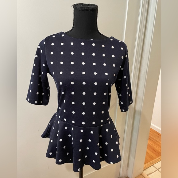 Kenar | Tops | Blue And White Polka Dot Peplum Top | Poshmark